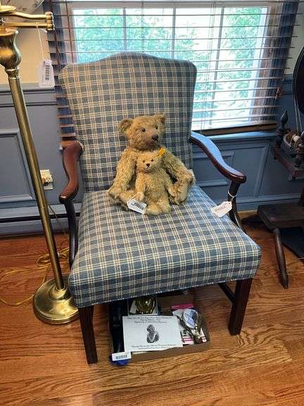 Open arm chair in blue checked upholstery - no contents - Hurley Real ...