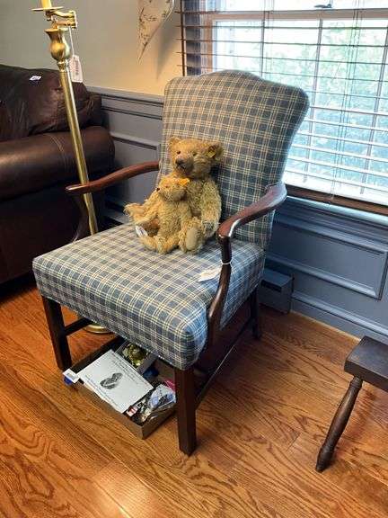 Open arm chair in blue checked upholstery - no contents - Hurley Real ...