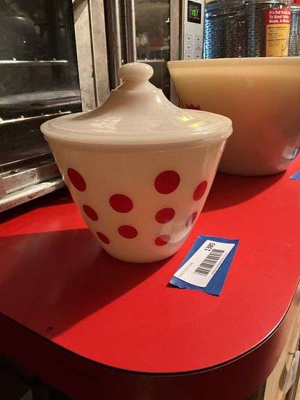 Vintage Fire King Red Dot grease jar w/ lid - Hurley Real Estate & Auctions