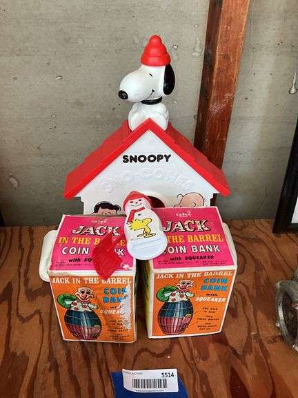 Snoopy Sno-Cone maker, two Jack-in-the-barrel coin banks w/ boxes ...