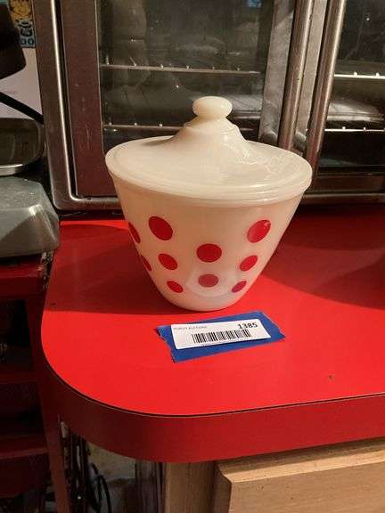 Vintage Fire King Red Dot grease jar w/ lid - Hurley Real Estate & Auctions