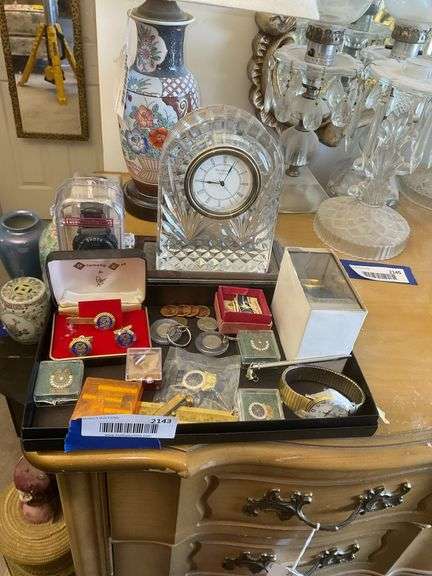 Waterford crystal dresser clock, wrist watches, Teamsters service pins ...