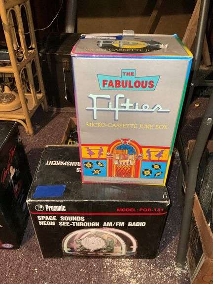 Juke box cassette player, neon see-through radio, both in boxes ...