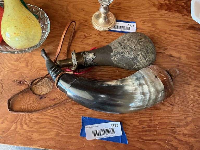 Two powder horns: metal and horn - Hurley Real Estate & Auctions