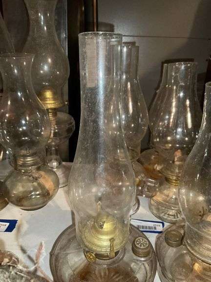 Two glass oil lamp fonts w/ burners and chimneys - Hurley Real Estate ...