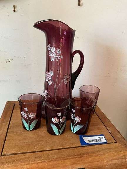 Amethyst glass lemonade set w/ floral enamel decor, pitcher w/ applied ...