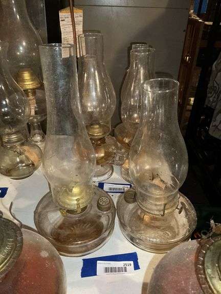 Two glass oil lamp fonts w/ burners and chimneys - Hurley Real Estate ...