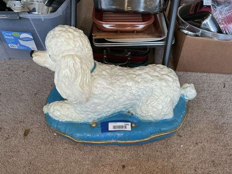 Chalkware poodle figure on molded cushion - Hurley Real Estate & Auctions