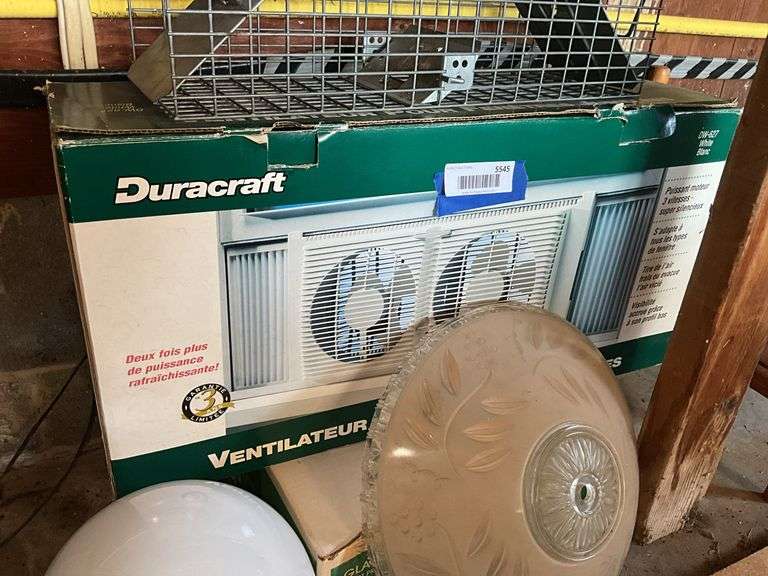 Live animal trap, window fan in box, vintage glass light shades ...