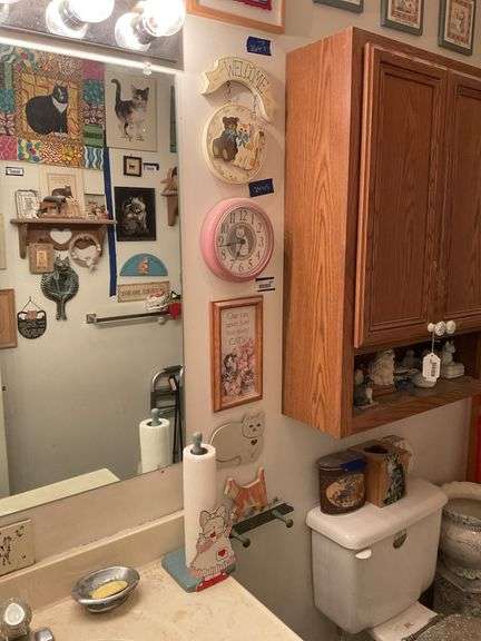 Cat theme paper towel holder, tissue box, tins, wall clock, wall ...