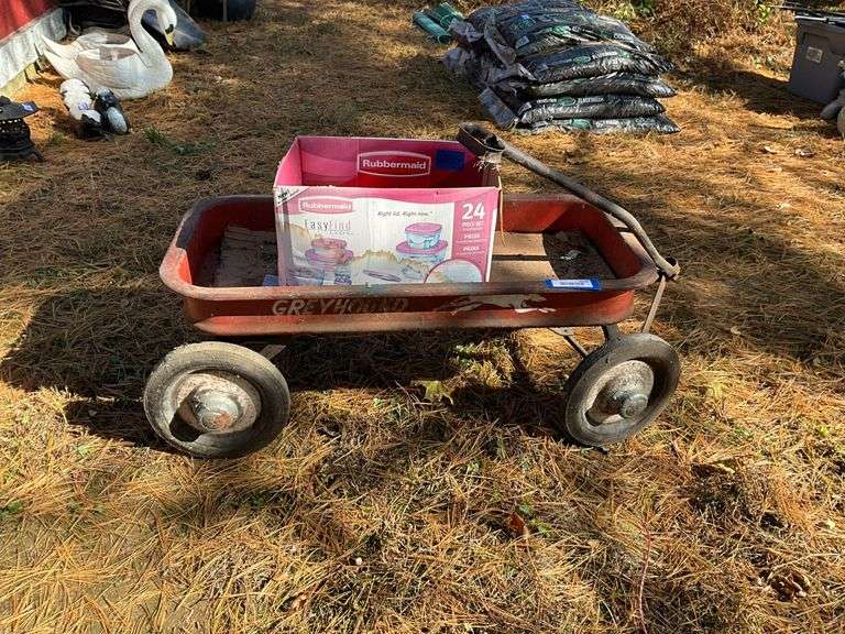 Greyhound red wagon and box of toy cars - Hurley Real Estate & Auctions