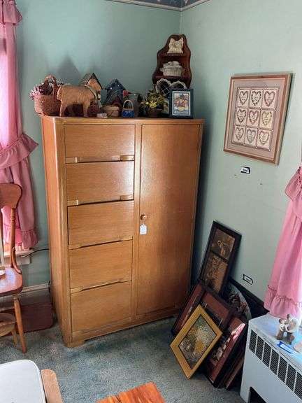 MCM mid century modern chifforobe w top contents and print on wall 38x20x58 Hurley Real Estate Auctions