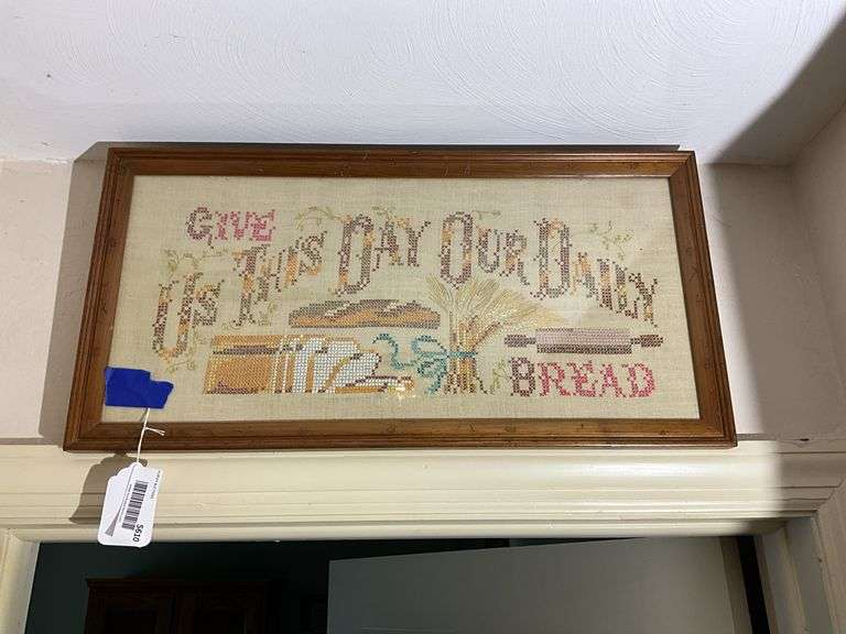 Cross stitch motto: Give Us this Day, framed - Hurley Real Estate ...