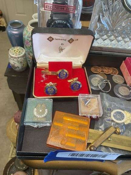Waterford crystal dresser clock, wrist watches, Teamsters service pins ...