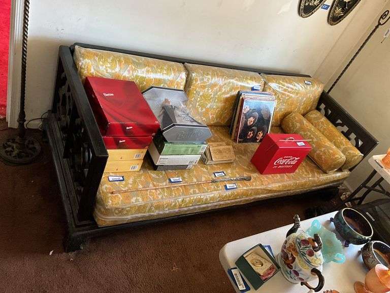 Wooden Chinese Modern sofa w/ cushions and bolsters - note upholstered ...