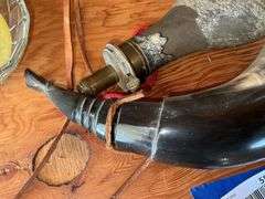 Two powder horns: metal and horn - Hurley Real Estate & Auctions