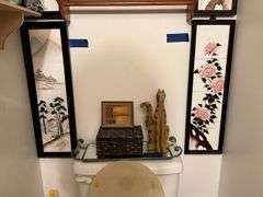 Content of Wall cabinet: mud men figurines, starfish, wall clock ...