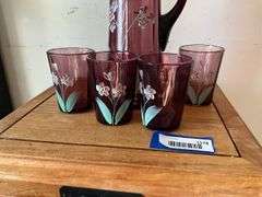 Amethyst glass lemonade set w/ floral enamel decor, pitcher w/ applied ...