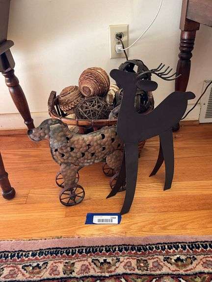 Basket of decorative orbs, stand reindeer, dog on wheels - Hurley Real ...