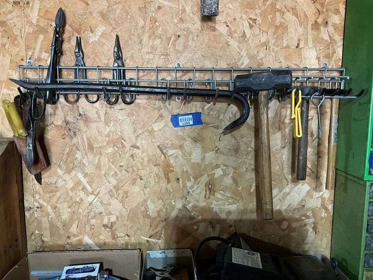 Metal storage wall rack w/ contents, snips, hammers, crow bar - Hurley ...