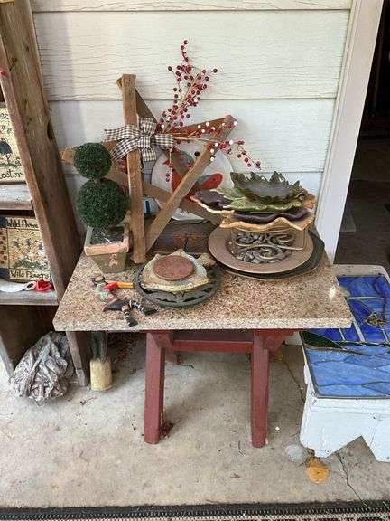 Contents of small redwood table - country decor, pottery, topiary ...