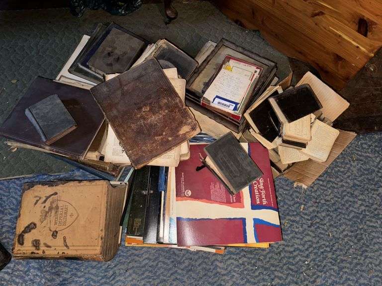 Assortment of old books to include box of Brother and him record albums ...