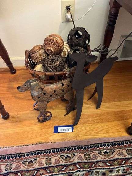 Basket of decorative orbs, stand reindeer, dog on wheels - Hurley Real ...
