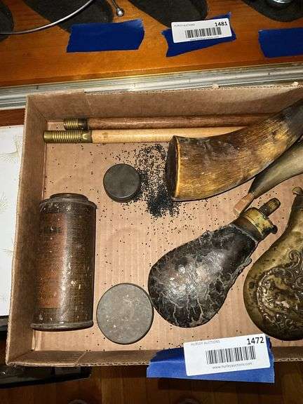 Black powder muzzleloading flasks, powder horns, Foil lined central ...