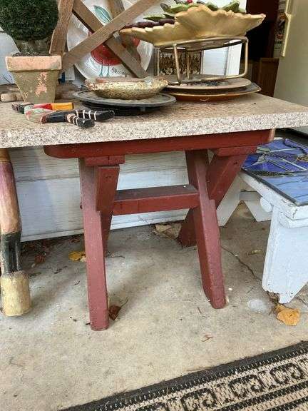 Contents of small redwood table - country decor, pottery, topiary ...