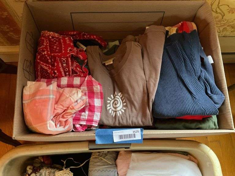 Basket and box of clothing, clothing size is small with few exceptions ...