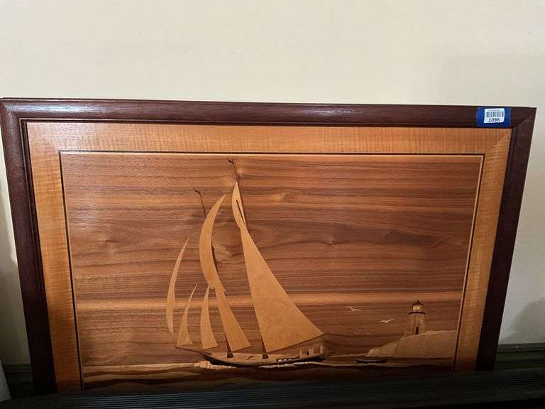 Marquetry nautical wood inlay sailboat & lighthouse hanging - Hurley Real Estate & Auctions