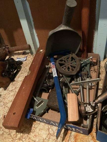 Tool assortment, sad iron trivet, tin scoop, misc - Hurley Real Estate ...