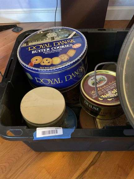 Tote of storage tins - Hurley Real Estate & Auctions