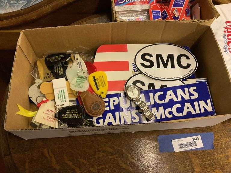 Advertising keyrings, stickers, flag lapel pins, misc - Hurley Real Estate & Auctions