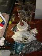 Gympac 3500 exerciser, box of fluids & oils, canning jars, dumb bells ...