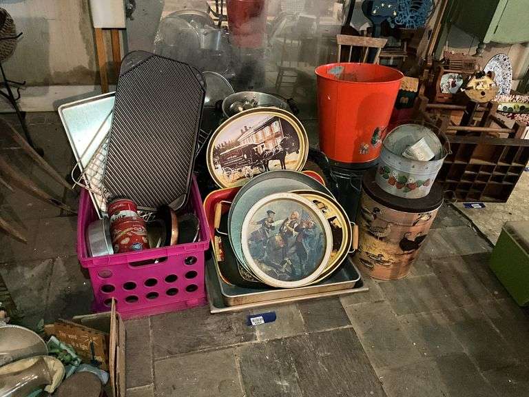 Tole painted berry bucket, storage tins, trays, baking pans, waste can ...