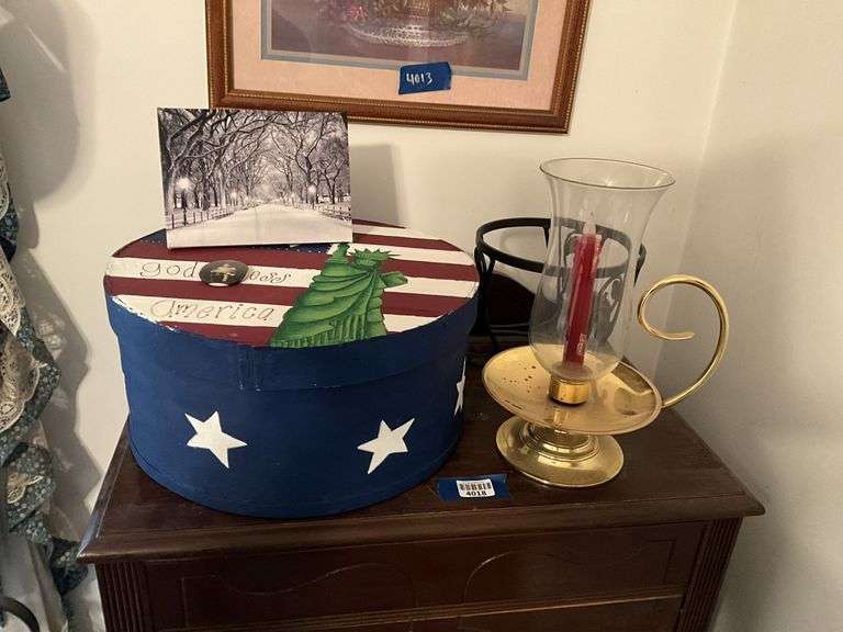 Patriotic storage box, candleholder w/ glass shade, snow scene picture ...
