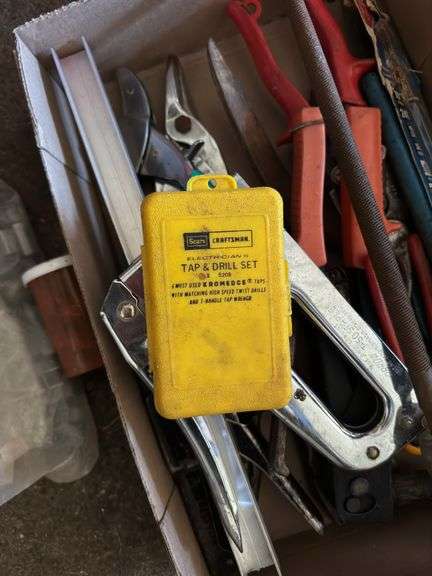 Box of miscellaneous tools, including tin snips, pruners, files ...