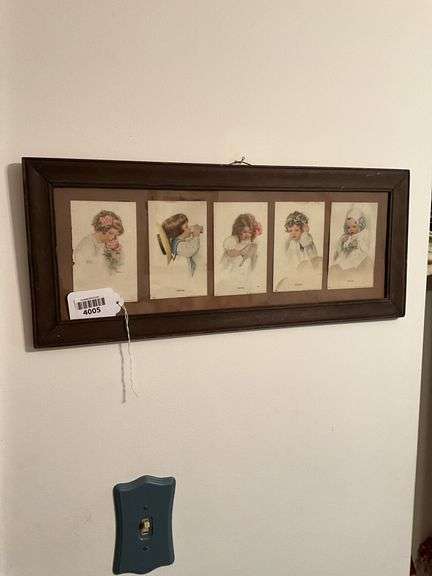 Bessie Pease Gutmann framed baby postcard print set - note water stain ...