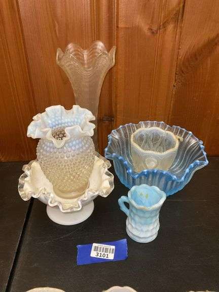 Fenton glass including opalescent hobnail vase and silvercrest bowl ...