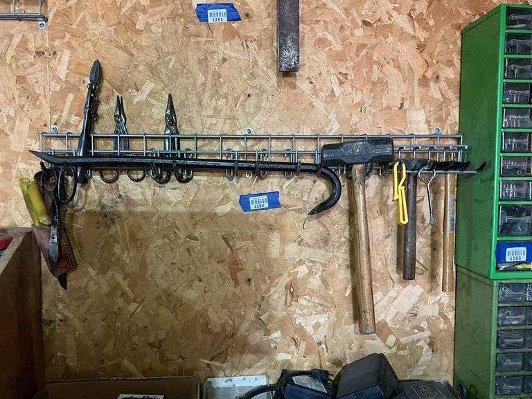 Metal storage wall rack w/ contents, snips, hammers, crow bar - Hurley ...