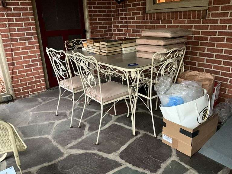 Rectangular glass top patio table and set of six chairs w/ cushions ...