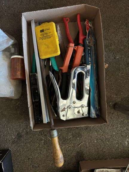 Box of miscellaneous tools, including tin snips, pruners, files ...