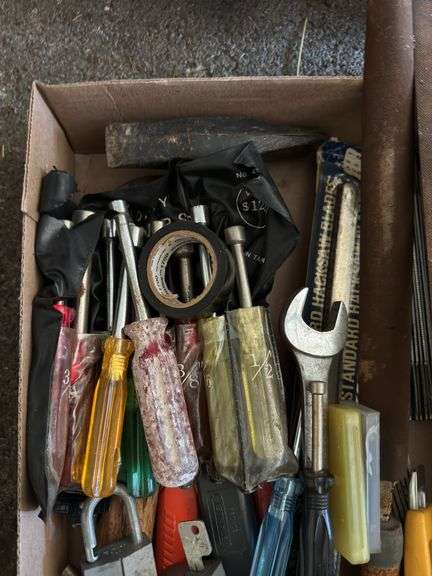Box of miscellaneous tools, including Nut driver wrenches, files ...