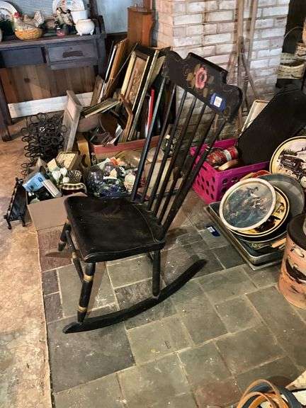 Paint decorated spindled plank bottom sewing rocker - one rocker has ...