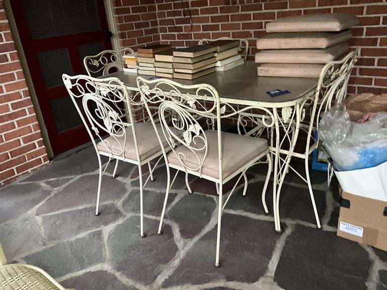 Rectangular glass top patio table and set of six chairs w/ cushions ...