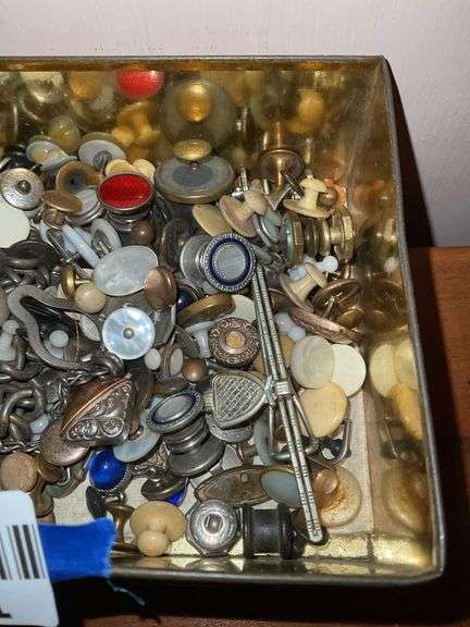 Tin of antique collar buttons - Hurley Real Estate & Auctions