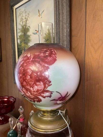 Floral decorated parlor lamp w/ ball shade, electrified - Hurley Real ...