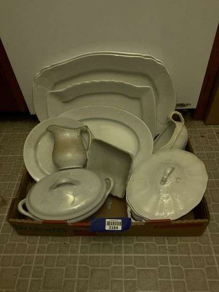 White ironstone china lot including: platters, covered dishes, gray ...