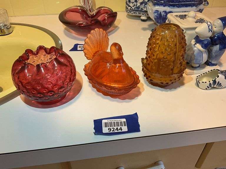 Cranberry glass rosebowl, turkey on nest covered dish, amber hobnail ...